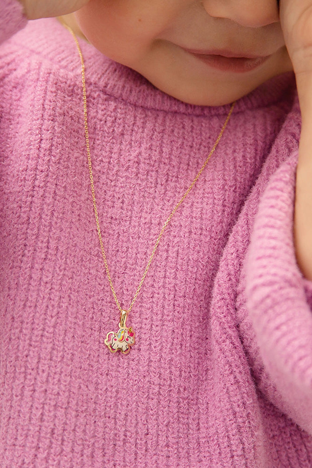 Lantic din Aur 14K pentru Copii, pandantiv Unicorn cu Email Colorat ...